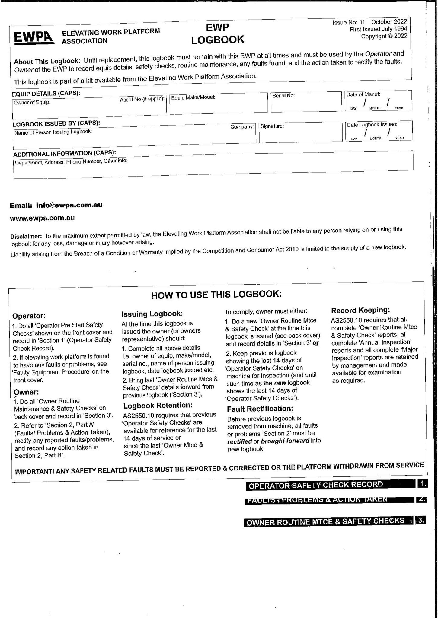 EWP Safety Check and Routine Maintenance Logbook – Adaptalift Store